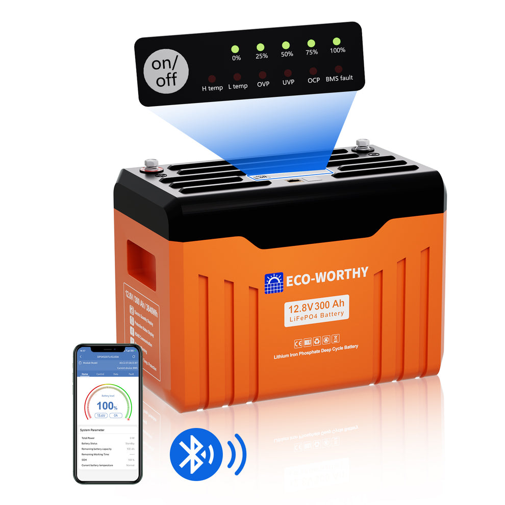 ECO-WORTHY 12V 300AH Lifepo4 Lithium Battery Bluetooth with SOC LEDs a