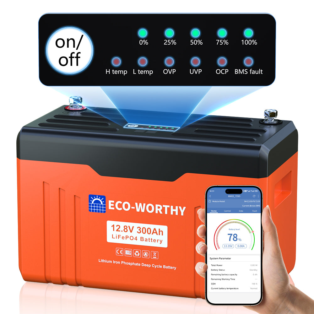 ECO-WORTHY 12V 300AH Lifepo4 Lithium Battery Bluetooth with SOC LEDs a