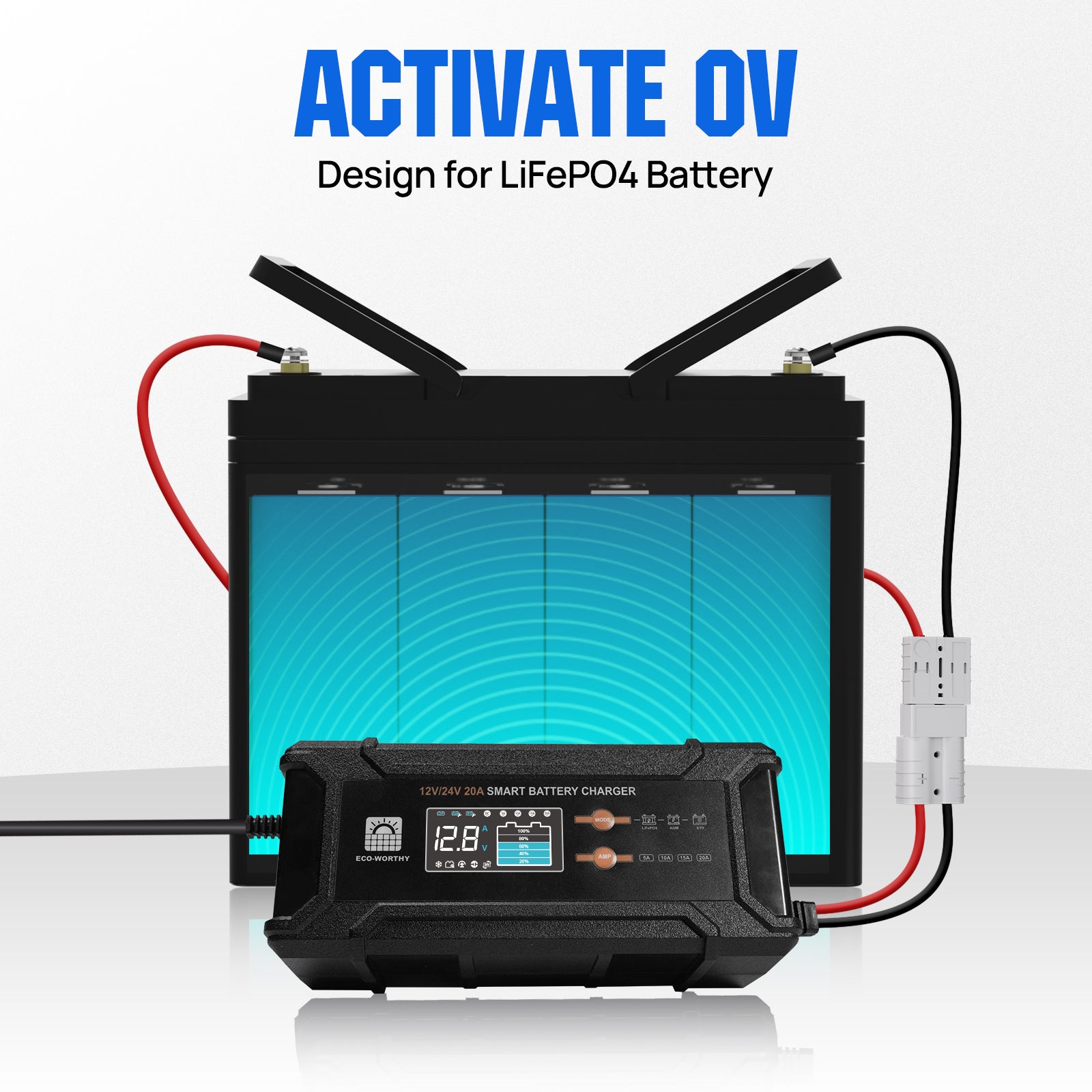 20A 12V/24V Smart Battery Charger with LCD Display for Most Batteries ...
