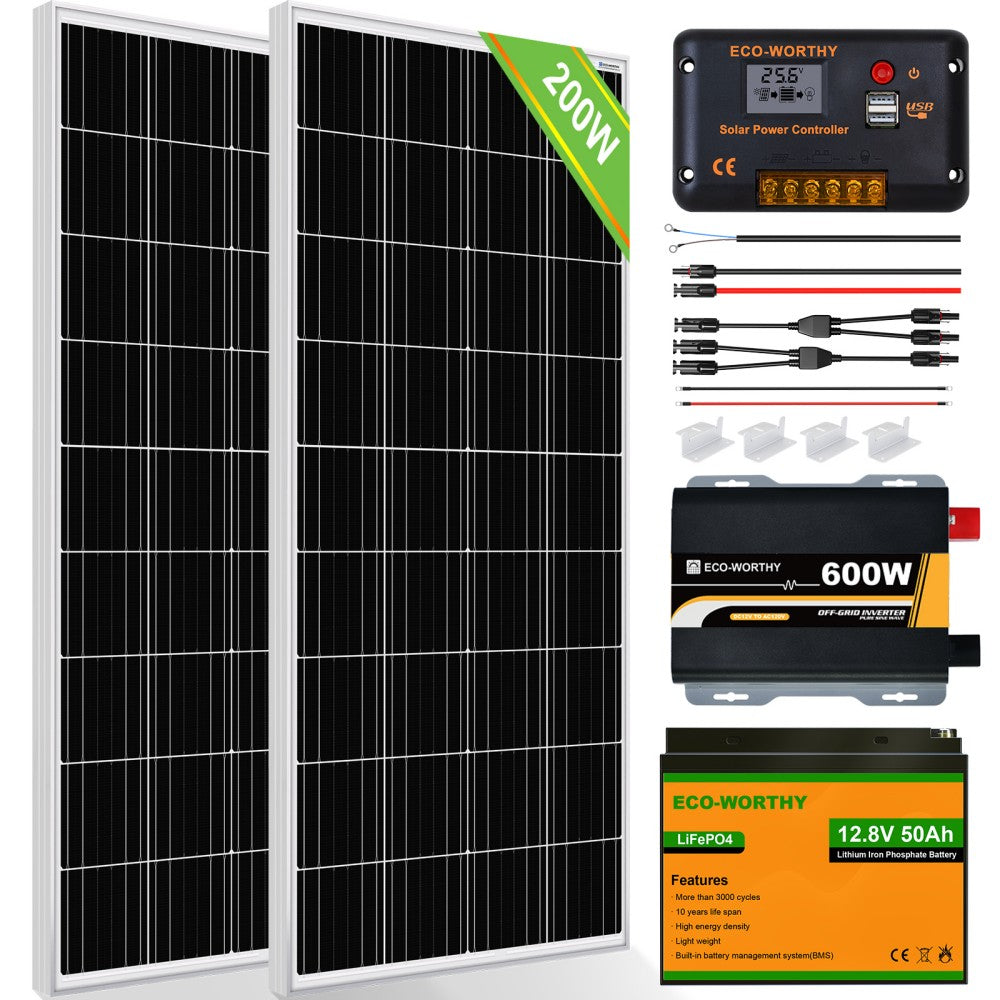 200W 12V Complete Off Grid Solar Panel Kit with Inverter + Lithium ...